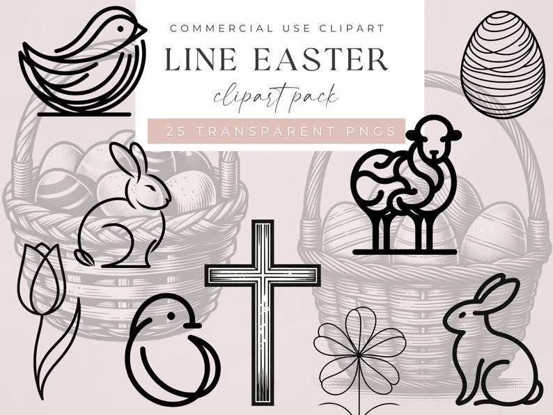 Easter Line Art Clipart: Bunny, Chick, Cross & Flowers (PNG) - Etsy
