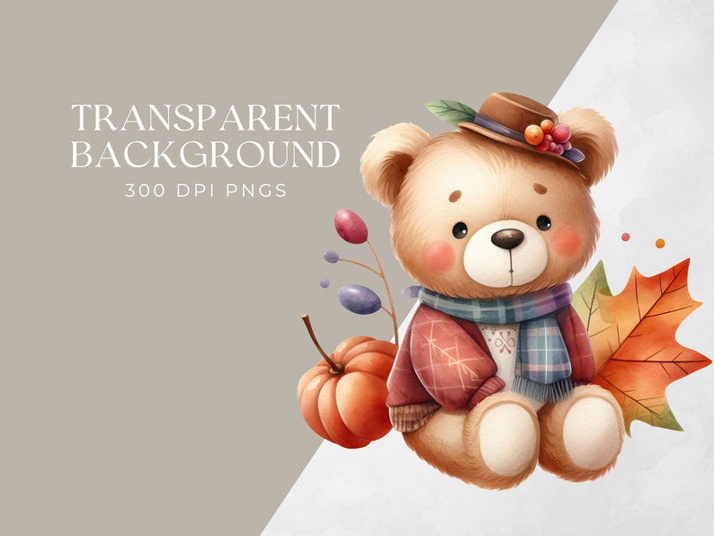Clipart Autumn Teddy Bear, SINGLE IMAGE, Fall Bear Png, Watercolor ...
