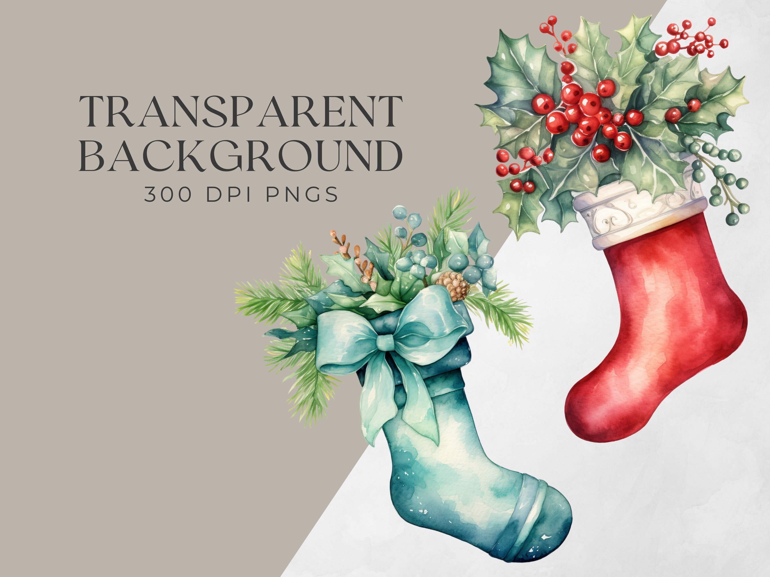 Christmas Stocking Clipart, Watercolor Winter Season Commercial Use ...