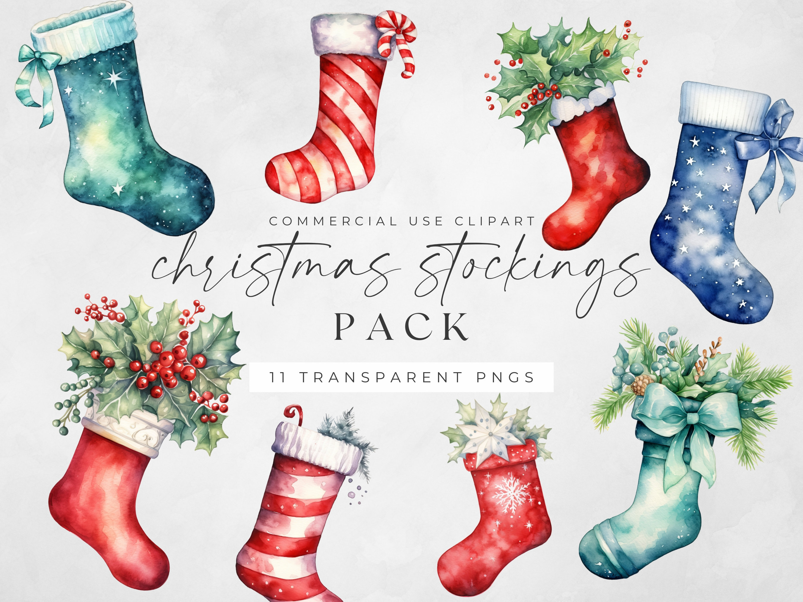 Christmas Stocking Clipart, Watercolor Winter Season Commercial Use ...