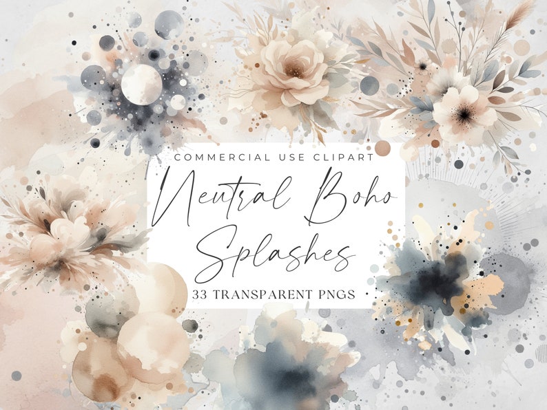 Neutral Watercolor Splatter Clipart, Boho Minimalist Splashes, Abstract ...