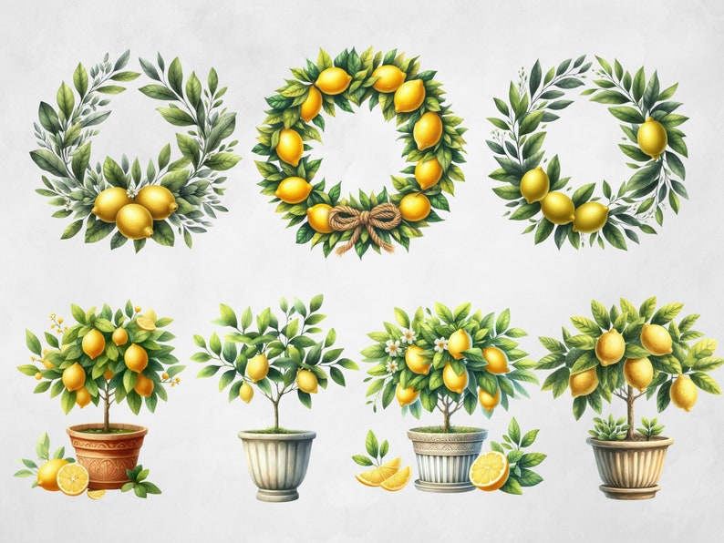 Lemon Tree Watercolor Clipart, Tiles and Lemons Clip Art, Mediterranean ...