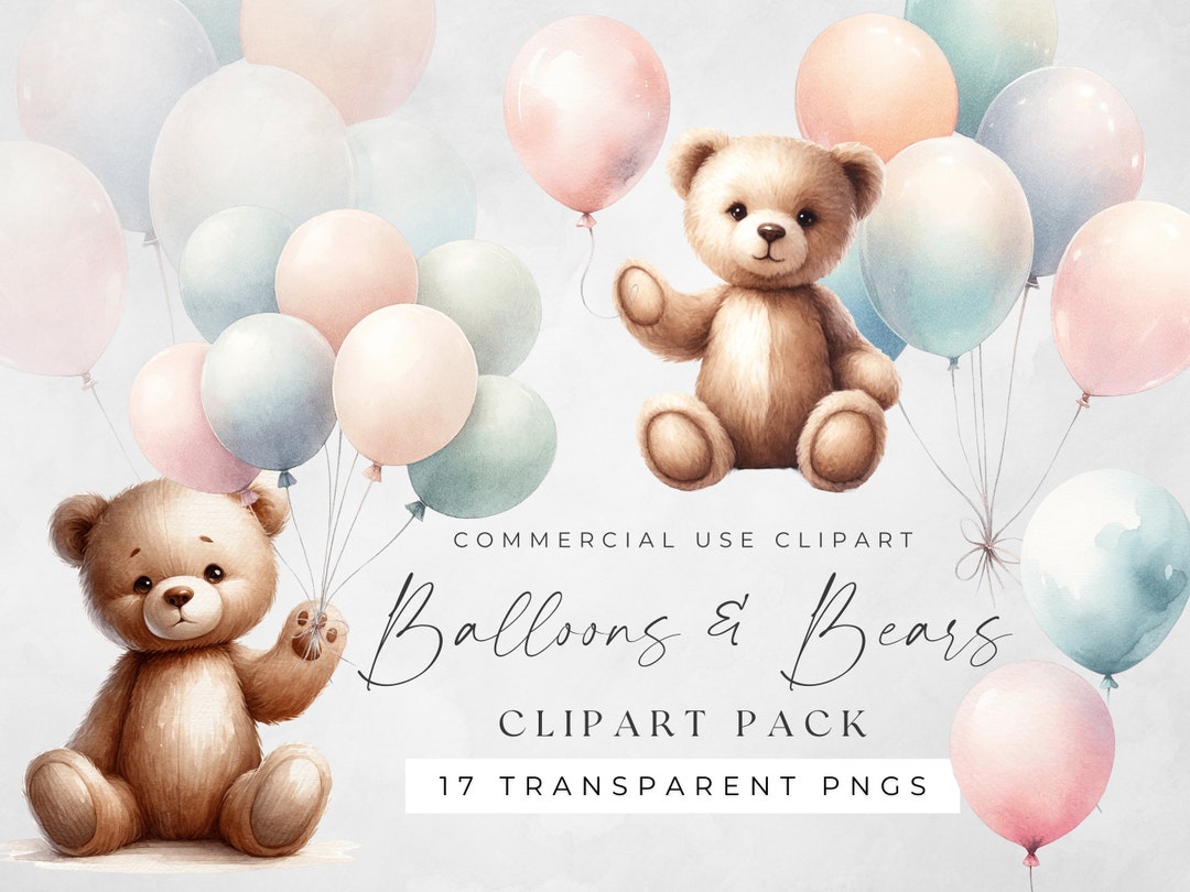Watercolor Bear Balloon Clipart: Baby Shower PNG Graphics - Etsy