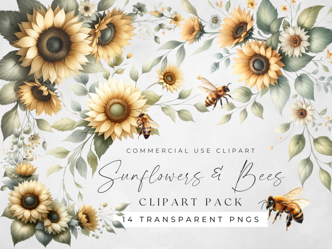Honey Bees and Sunflowers Clipart, Flower Wreath, Watercolor Floral ...