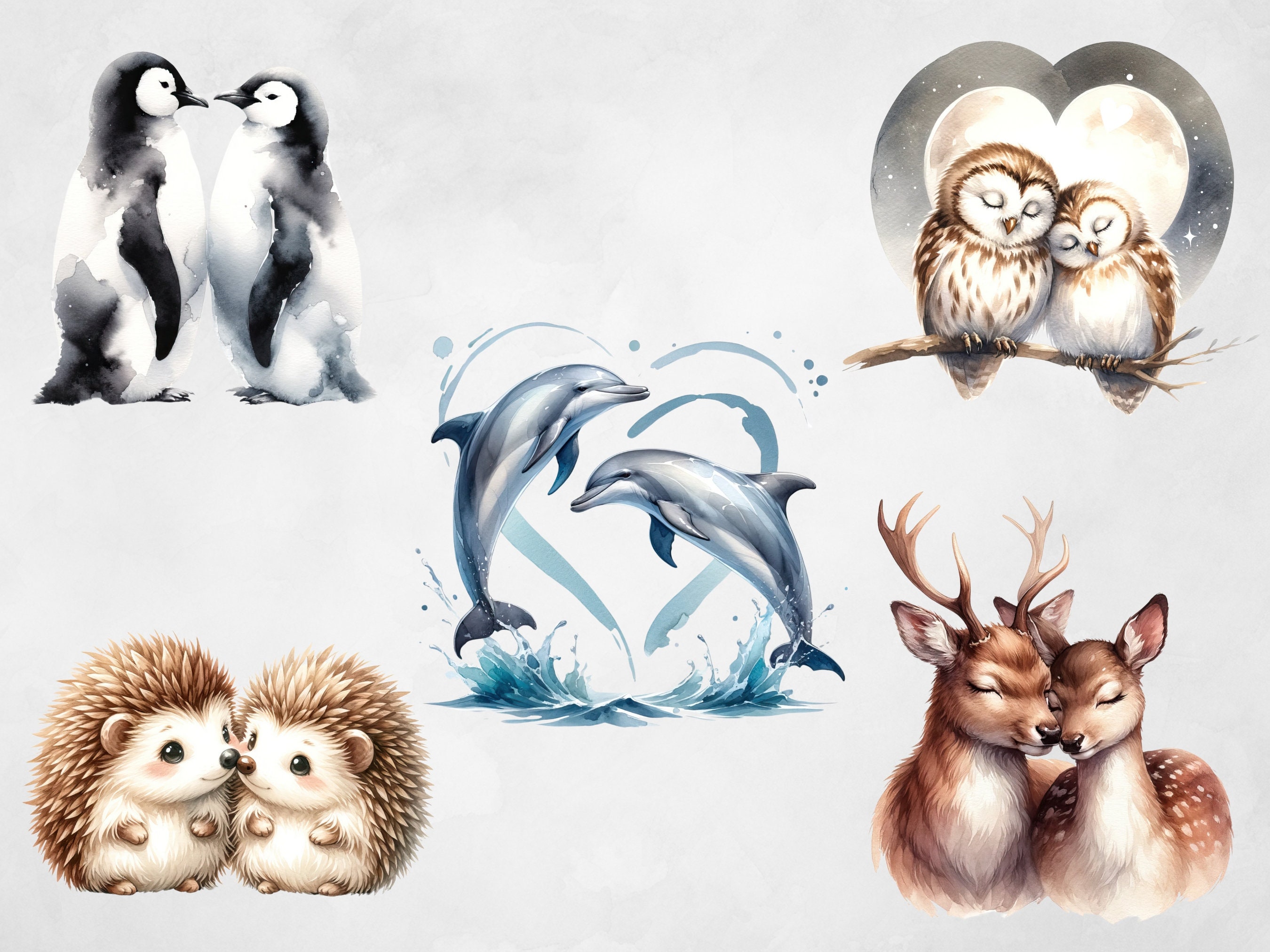 Animal Couples Clipart, Watercolor Clip Art, Love Romantic Animals ...