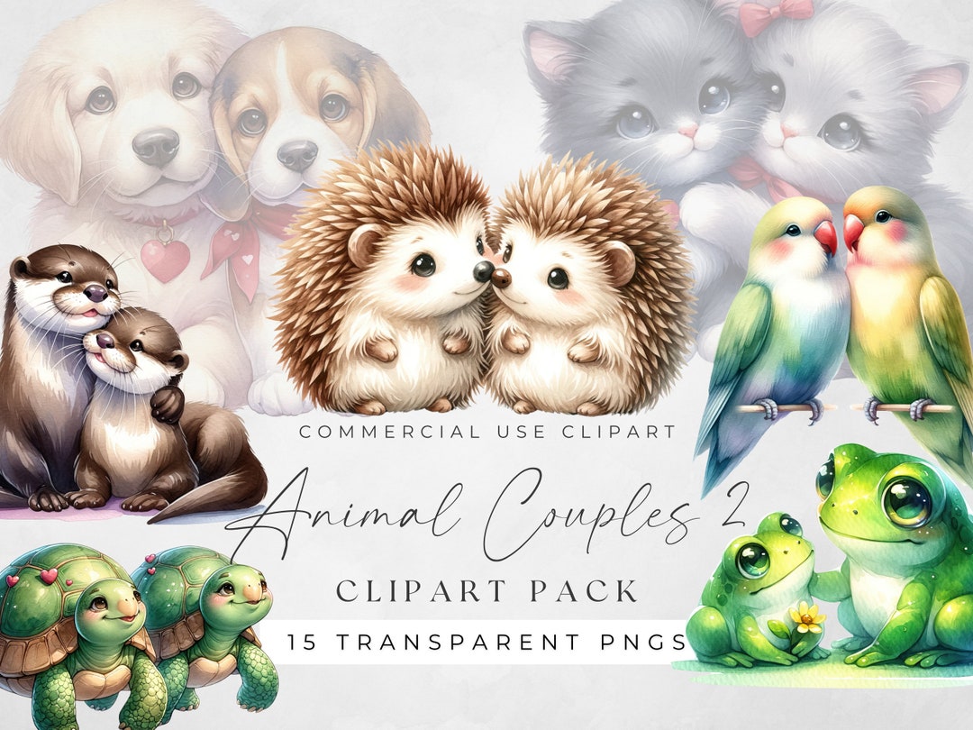 Animal Couples Clipart, Watercolor Clip Art, Love Romantic Animals ...