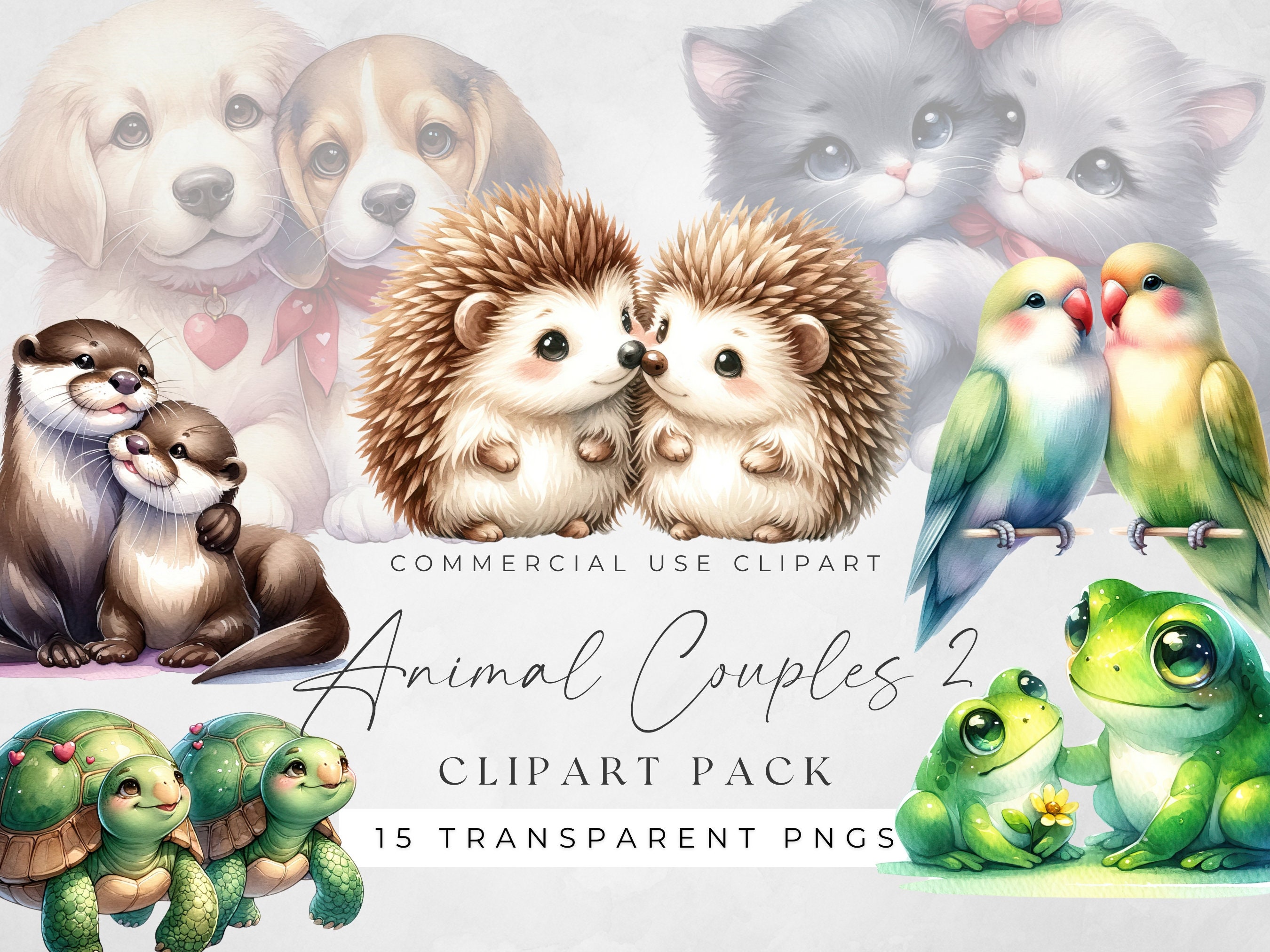 Animal Couples Clipart, Watercolor Clip Art, Love Romantic Animals ...