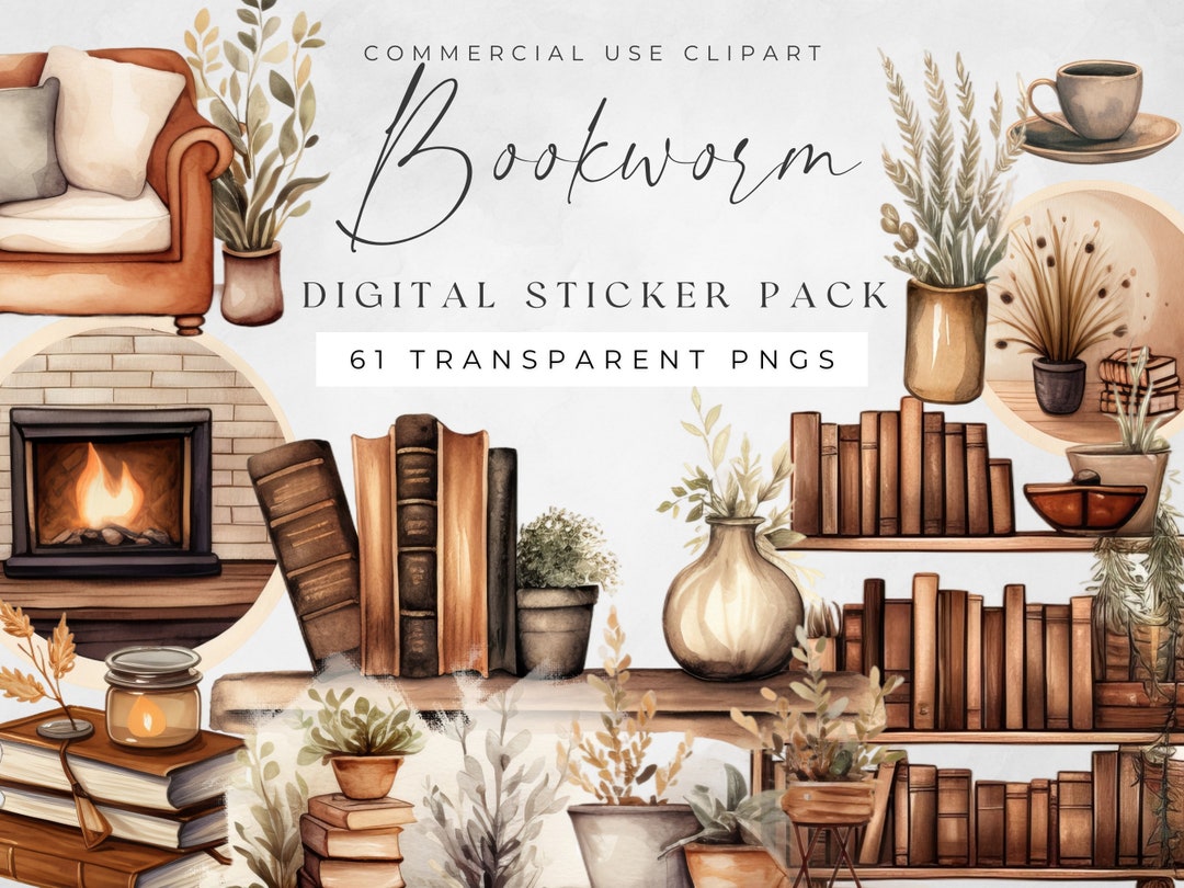 Bookworm Digital Sticker, Pre-cropped PNG Files, Cute Aesthetic Planner ...
