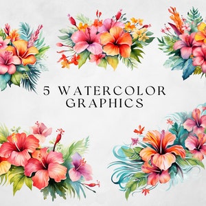 Watercolor Tropical Floral Clipart, Hawaiian Clip Art, Hawaii Hibiscus ...