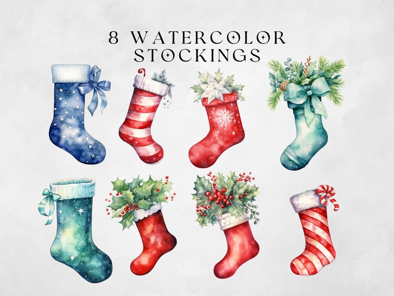 Christmas Stocking Clipart, Watercolor Winter Season Commercial Use ...