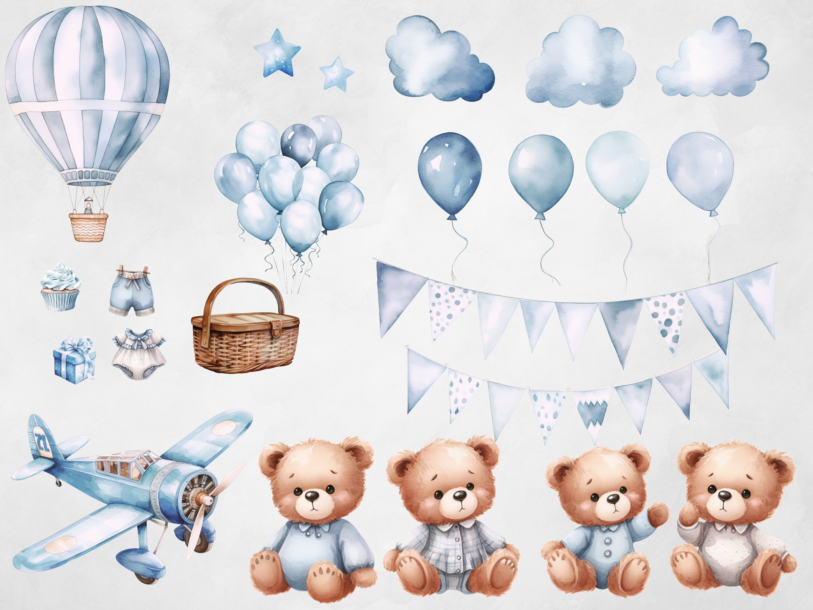Watercolor Teddy Bear Clipart for Boy, Baby Shower Clip Art, Nursery ...