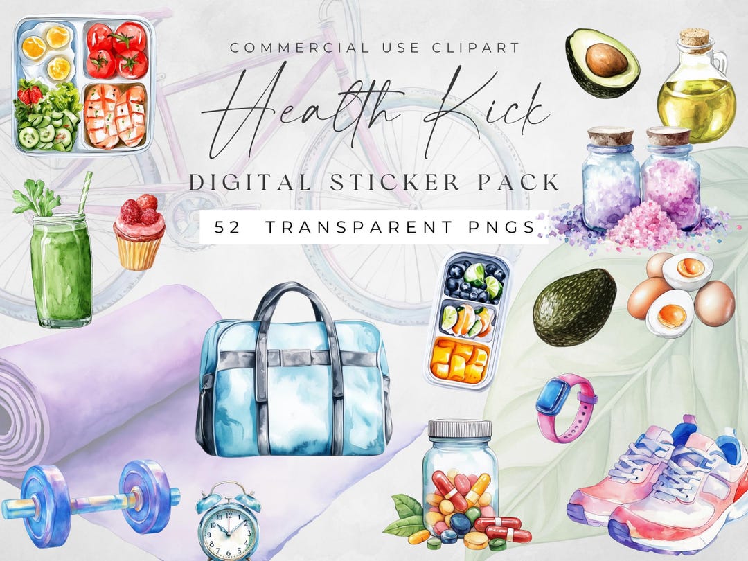 Health and Wellness Digital Stickers, Precropped PNG Files, Watercolor ...