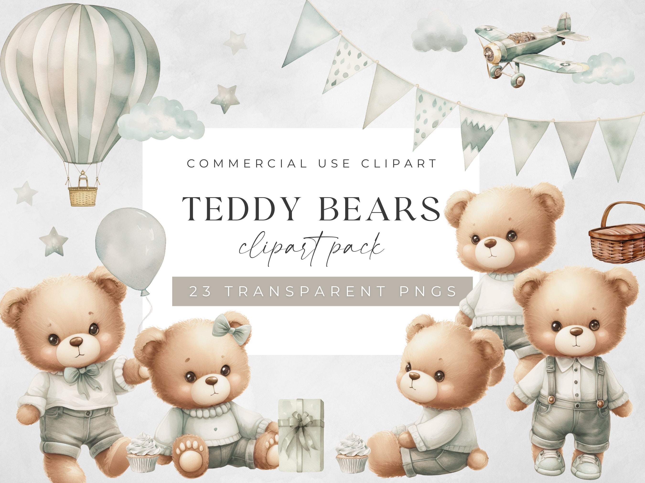 Watercolor Teddy Bear Clipart for Boy, Baby Shower Clip Art, Nursery ...