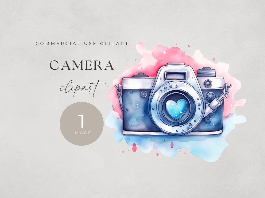 Camera Heart Clipart, SINGLE IMAGE, Pink Watercolor PNG, Digital ...