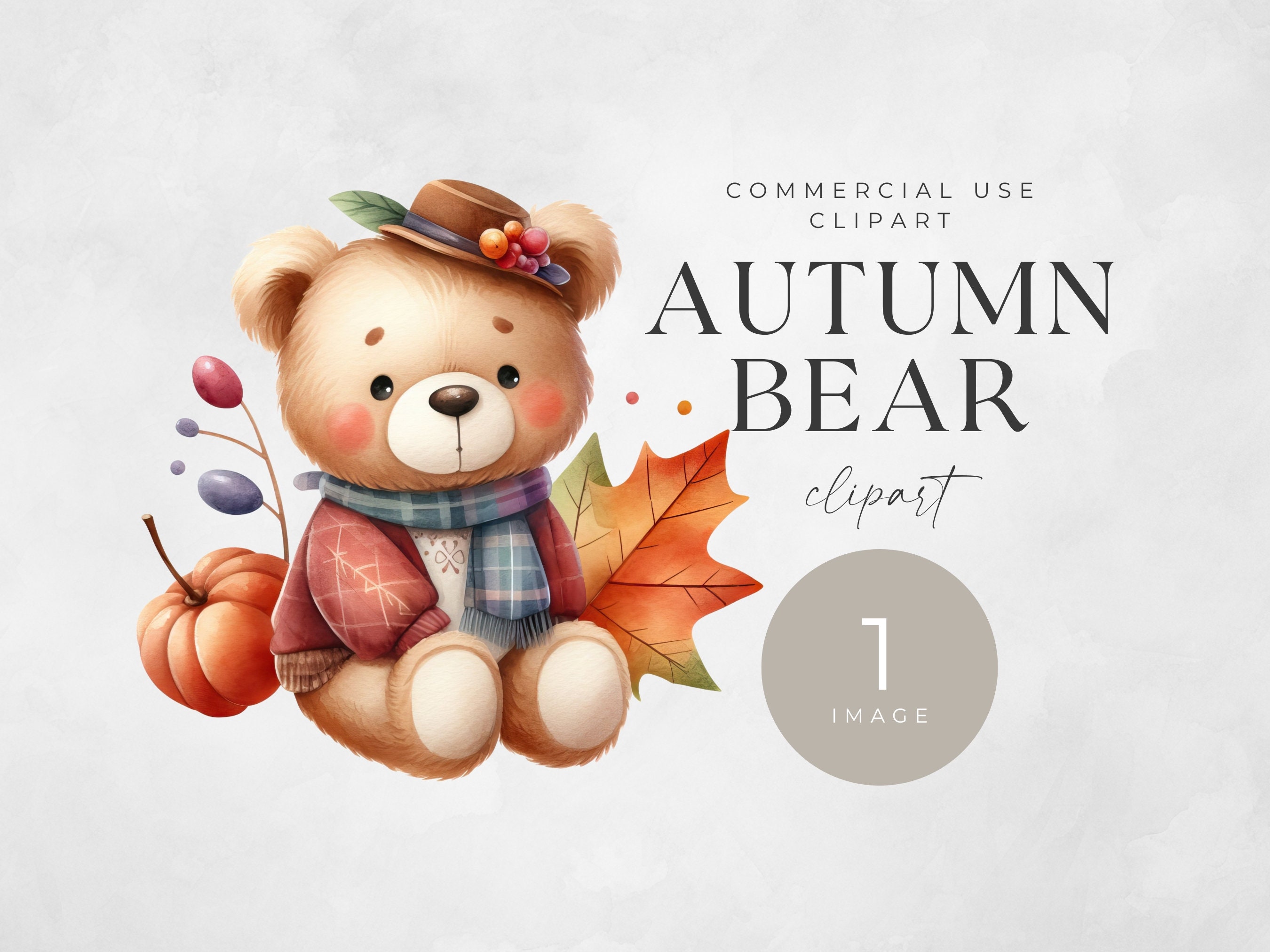 Clipart Autumn Teddy Bear, SINGLE IMAGE, Fall Bear Png, Watercolor ...