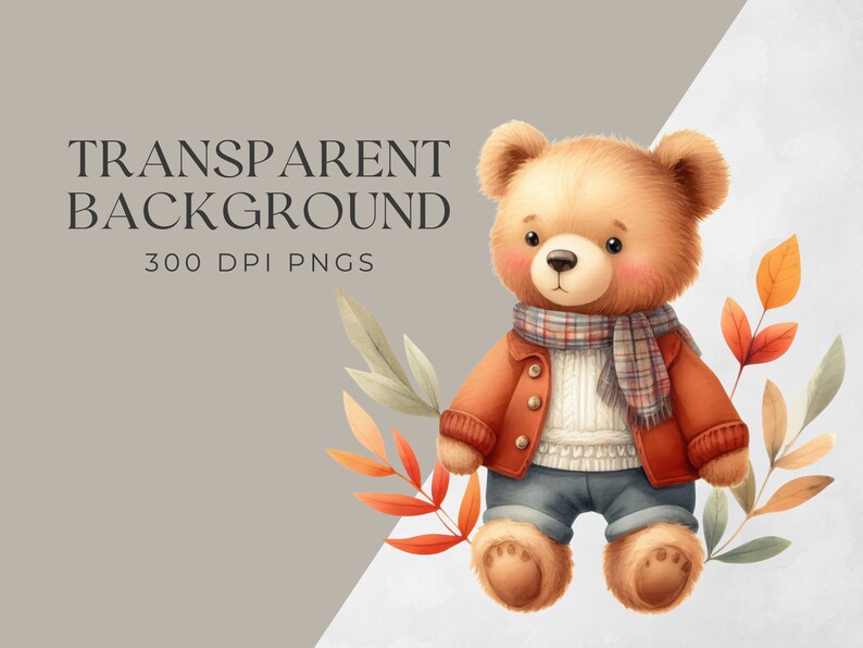 Clipart Autumn Teddy Bear, Fall Bear Png, Watercolor Autumn, Cute Teddy ...