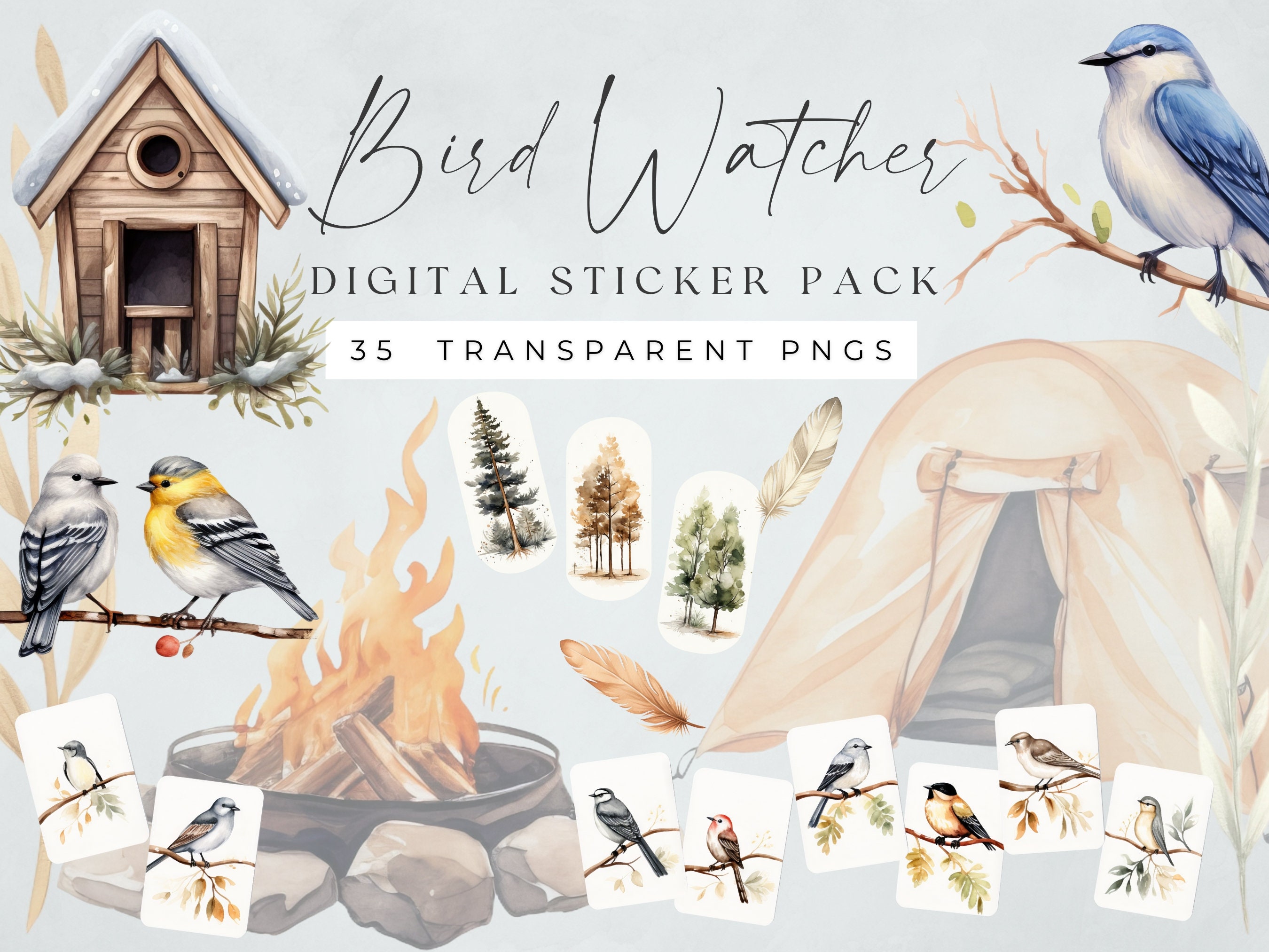 Bird Watcher Digital Stickers, Pre-cropped PNG Files, Cute Bird Lover ...