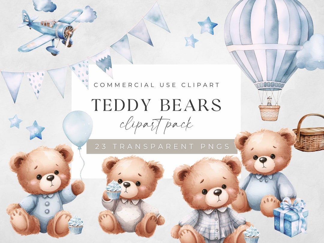 Watercolor Teddy Bear Clipart for Boy, Baby Shower Clip Art, Nursery ...