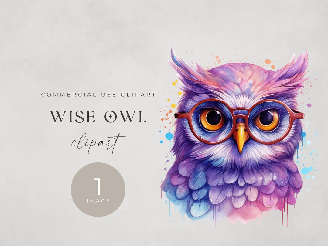 Watercolor Wise Owl Clipart: Adorable PNG, Commercial Use (digital ...