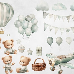 Watercolor Teddy Bear Clipart for Boy, Baby Shower Clip Art, Nursery ...