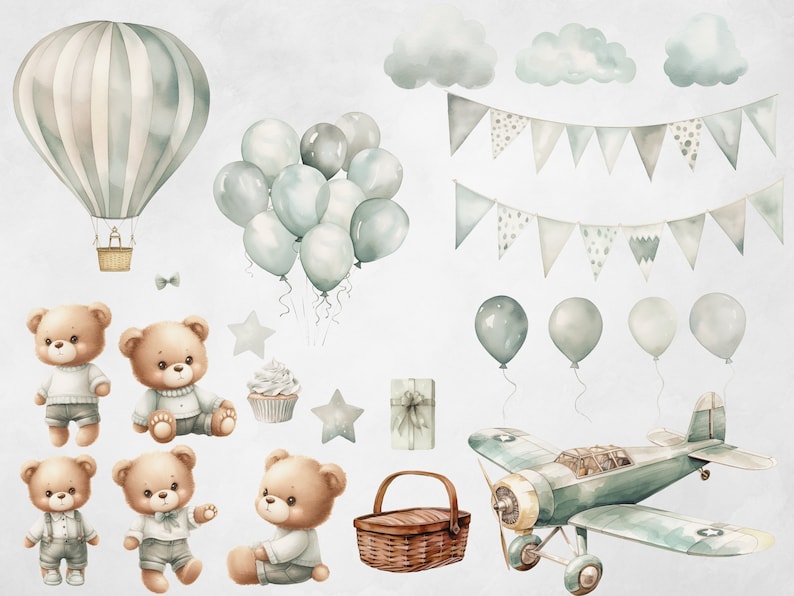 Watercolor Teddy Bear Clipart for Boy, Baby Shower Clip Art, Nursery ...