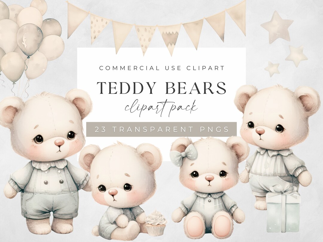 Watercolor Teddy Bear Clipart for Boy, Baby Shower Clip Art, Nursery ...
