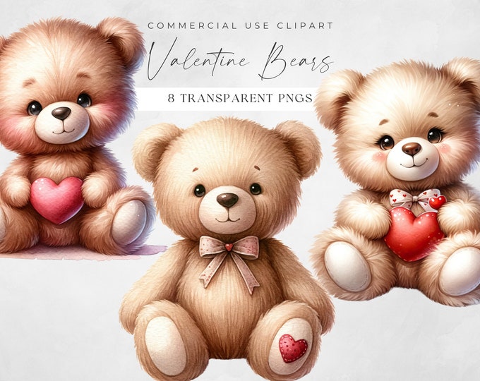 25 Valentine Day Teddy Bear PNG Clipart Bundle, Watercolor Teddy Bear ...