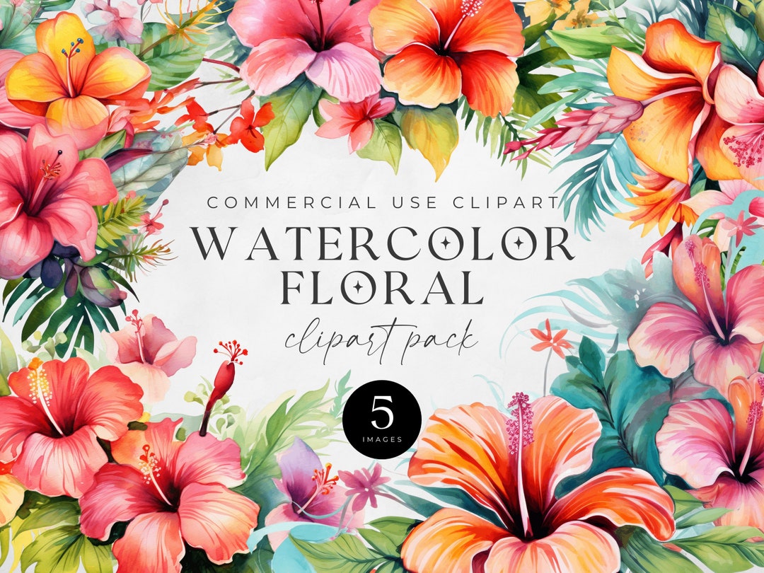 Watercolor Tropical Floral Clipart, Hawaiian Clip Art, Hawaii Hibiscus ...