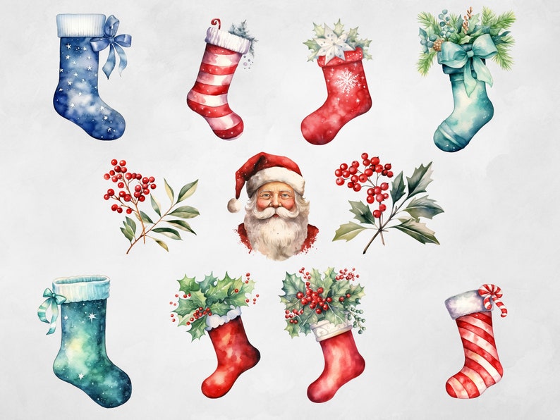 Christmas Stocking Clipart, Watercolor Winter Season Commercial Use ...