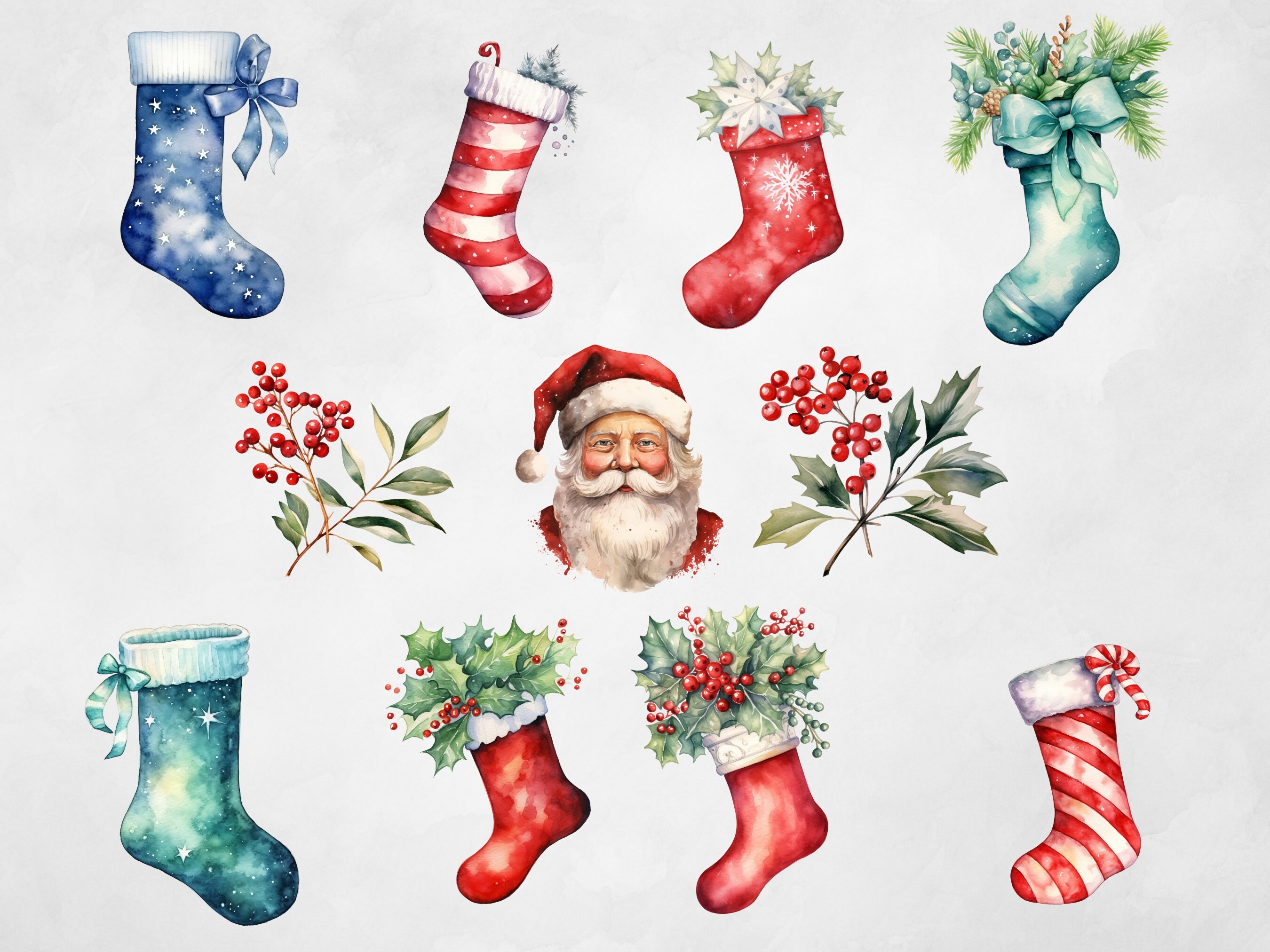 Christmas Stocking Clipart, Watercolor Winter Season Commercial Use ...