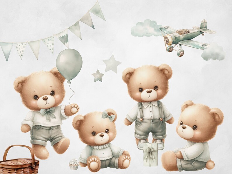 Watercolor Teddy Bear Clipart for Boy, Baby Shower Clip Art, Nursery ...