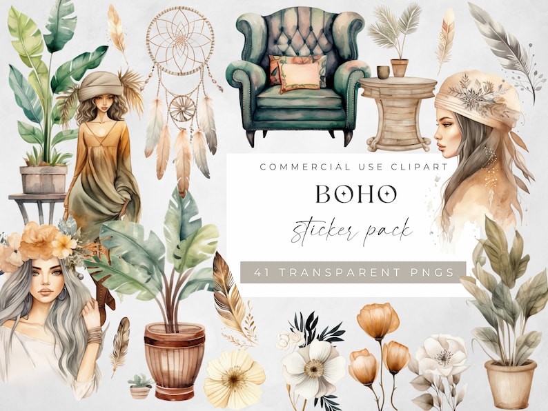 Boho Sticker Pack Digital, PNG Files of Digital Stickers, Digital ...