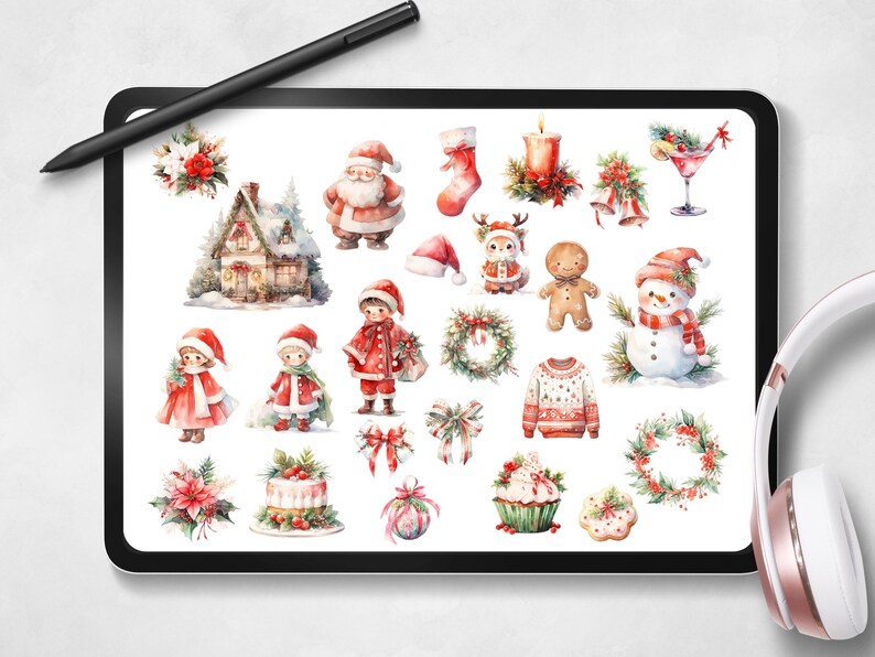 Watercolor Christmas Clipart Stickers: PNG Files, Goodnotes Sheet - Etsy