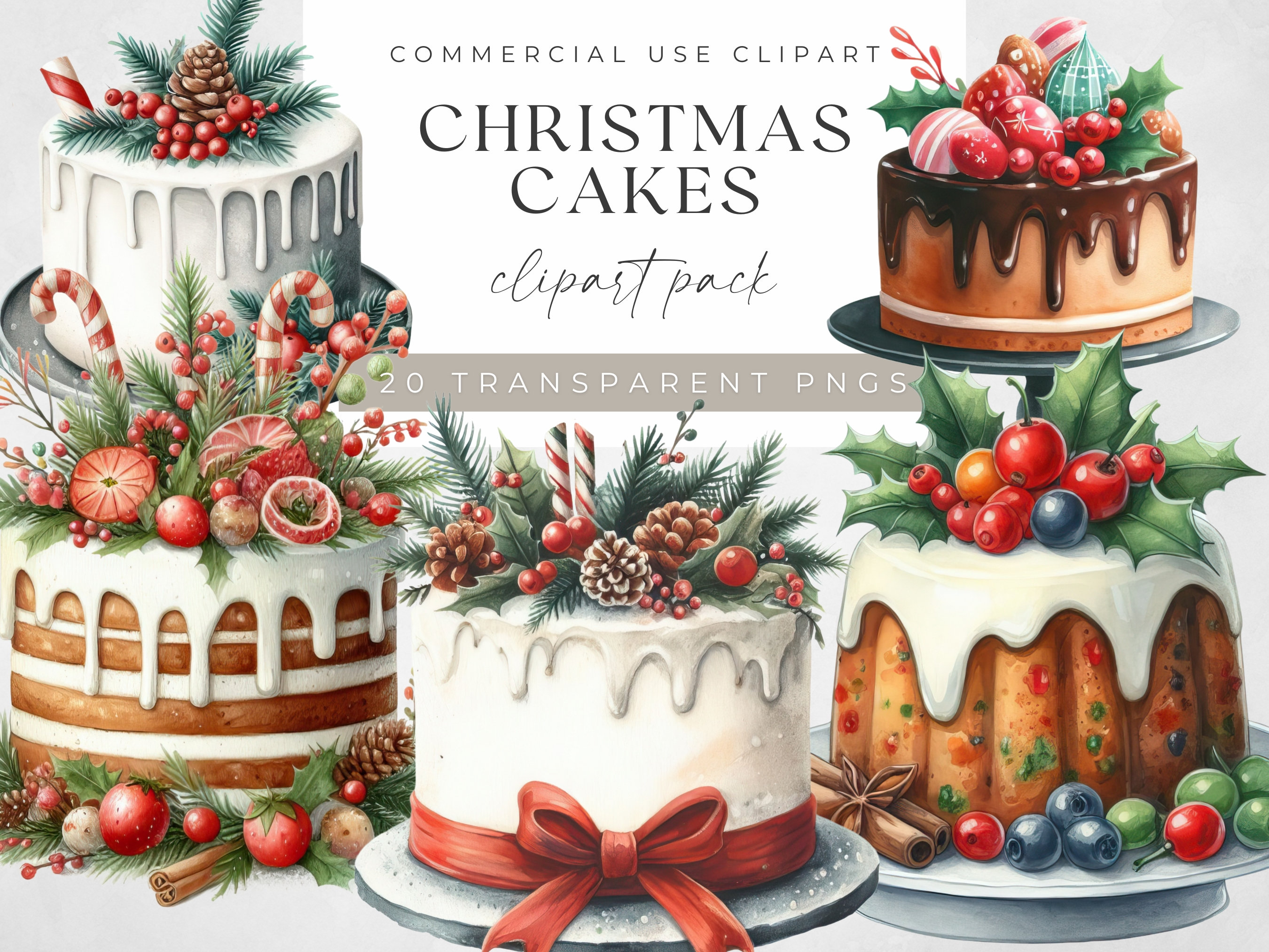 Watercolor Christmas Cake Clipart: Transparent PNG Digital Art - Etsy
