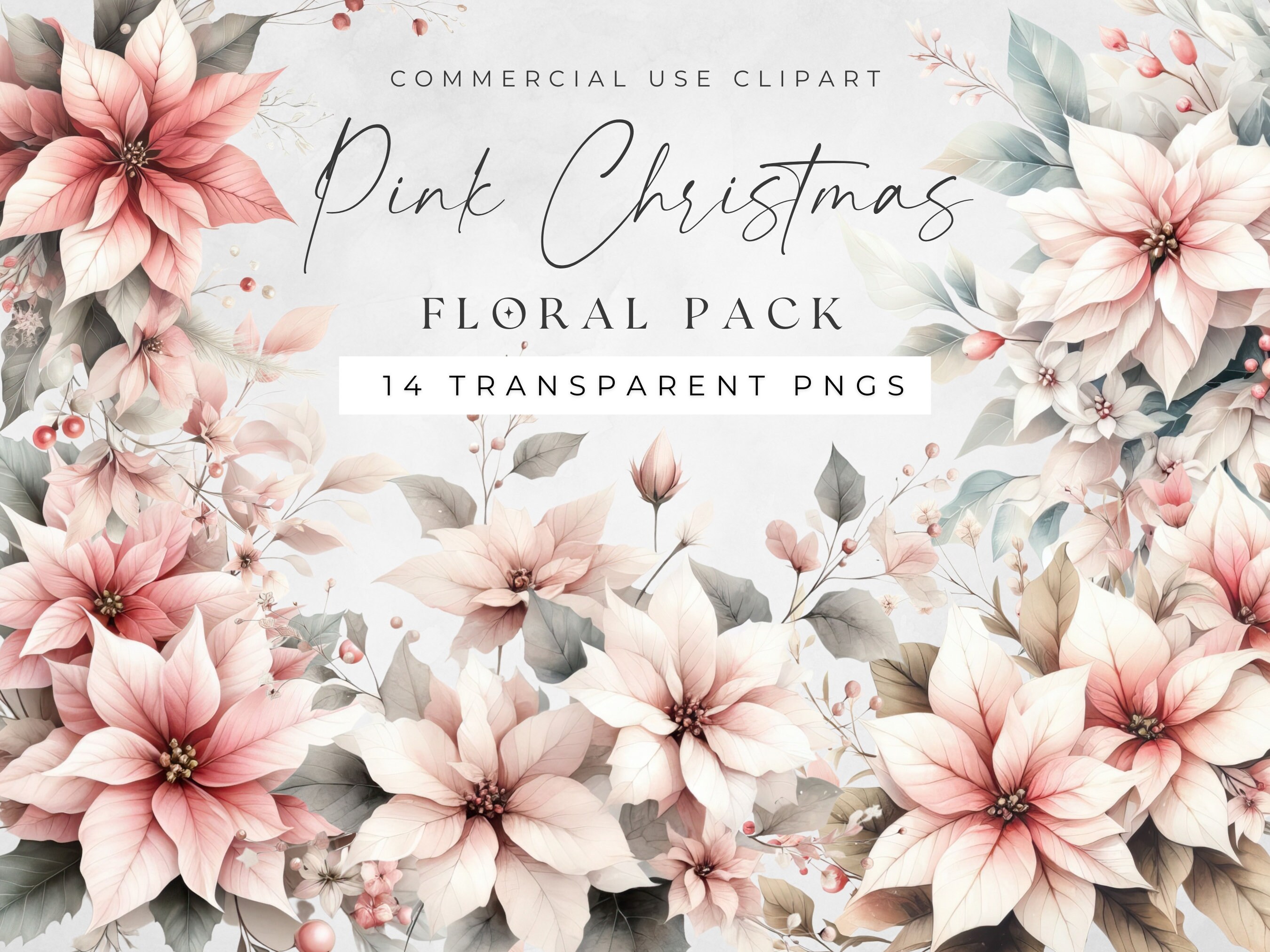 Christmas Floral Elements Clipart, Instant Download for Commercial Use, Cozy Pink Watercolor ...