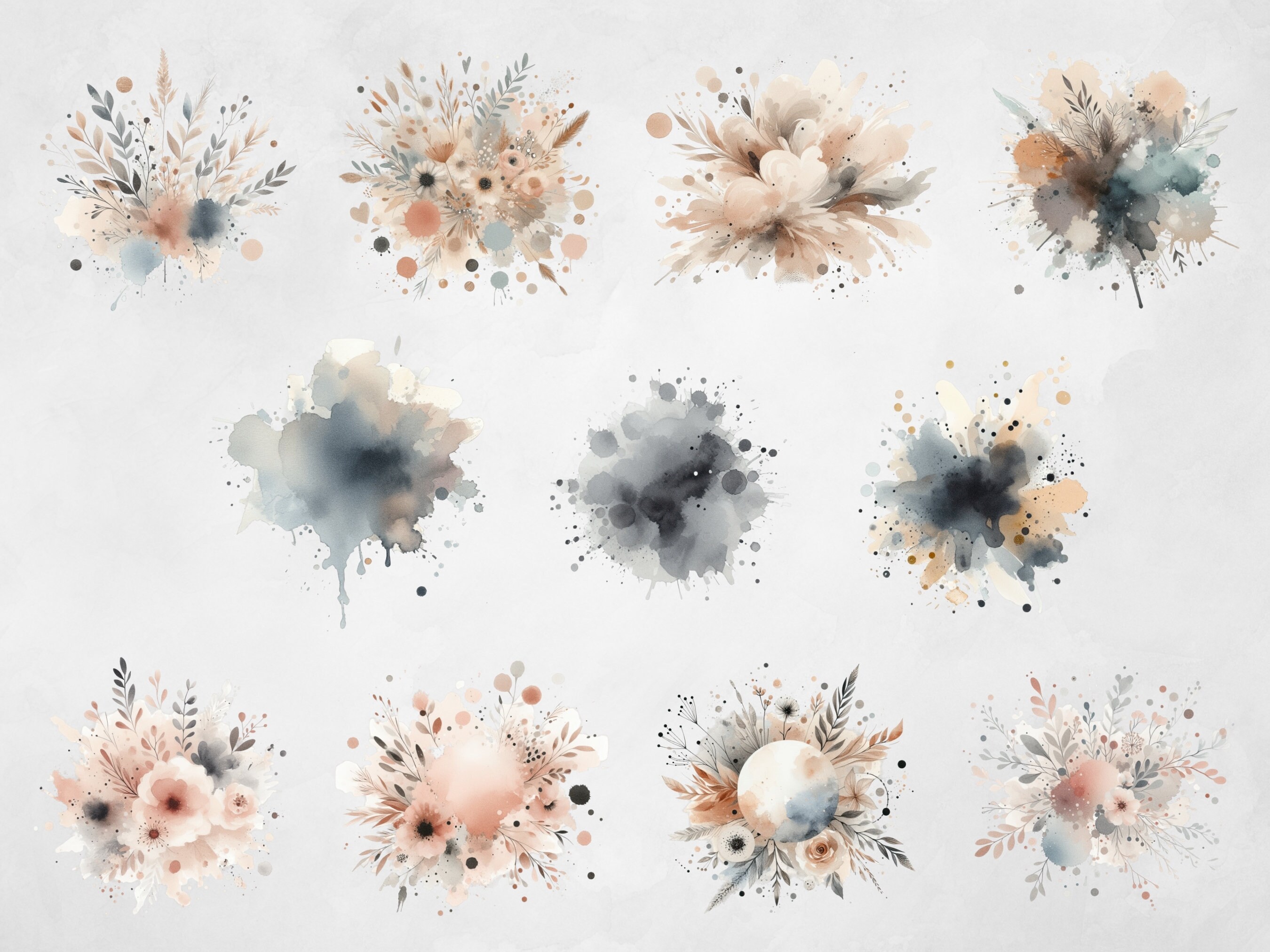 Neutral Watercolor Splatter Clipart, Boho Minimalist Splashes, Abstract ...