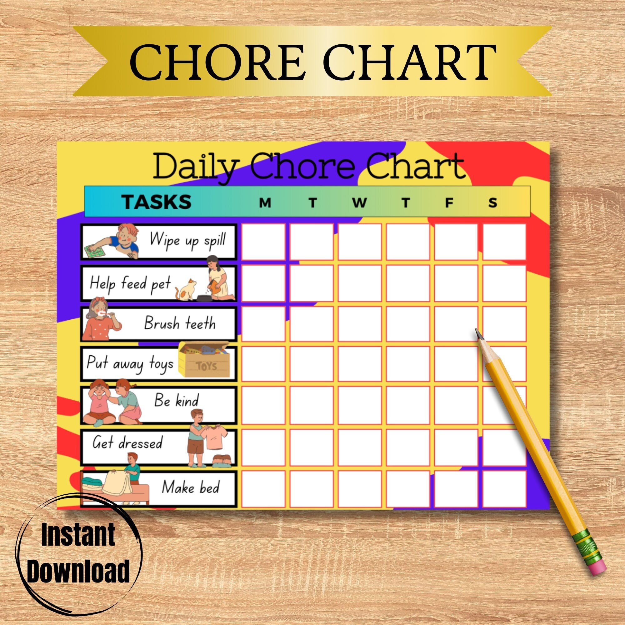 Editable Kids Chore Chart Daily, Printable Task Routine Template for ...