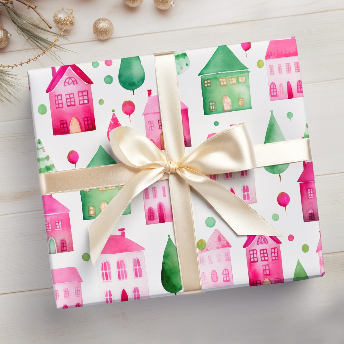 Pink Christmas House Wrapping Paper, Cute Pink Winter Village Wrapping ...