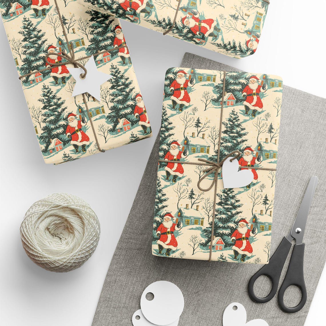 Vintage Christmas Wrapping Paper Roll Retro Santa Gift Wrapping Roll ...