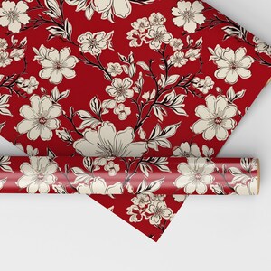 Red Floral Wrapping Paper Roll Red Christmas Wrapping Paper Red Floral ...