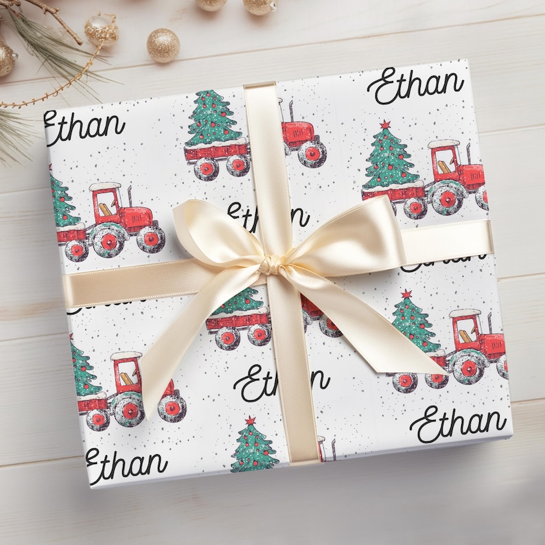 Tractor Wrapping Paper With Name Christmas Farm Tractor Wrapping Paper ...