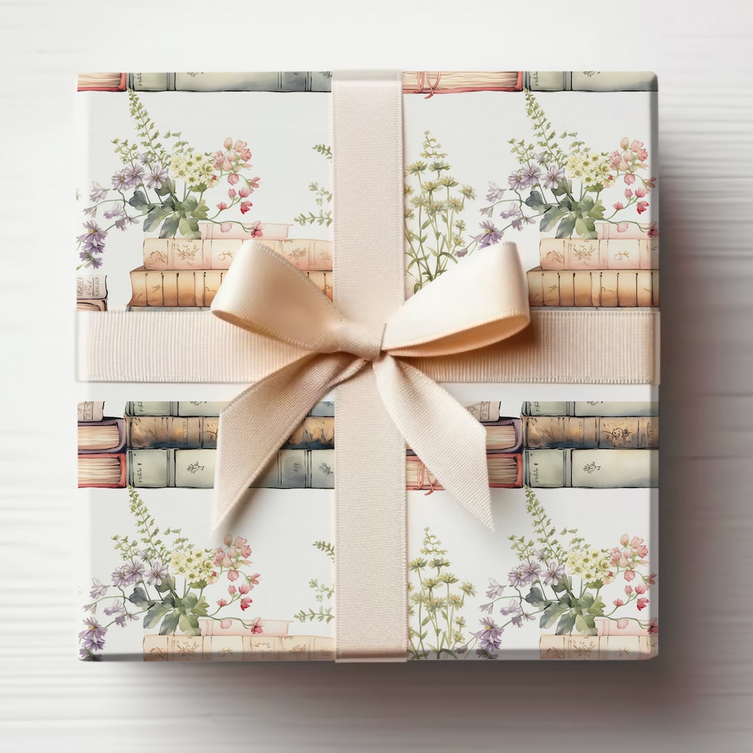 Books Wrapping Paper Roll, Pastel Floral Books Gift Wrap Book Lover ...