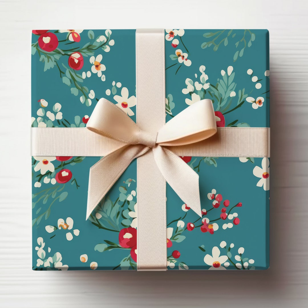 Blue Christmas Wrapping Paper Cute Evergreen Berries Christmas Gift ...