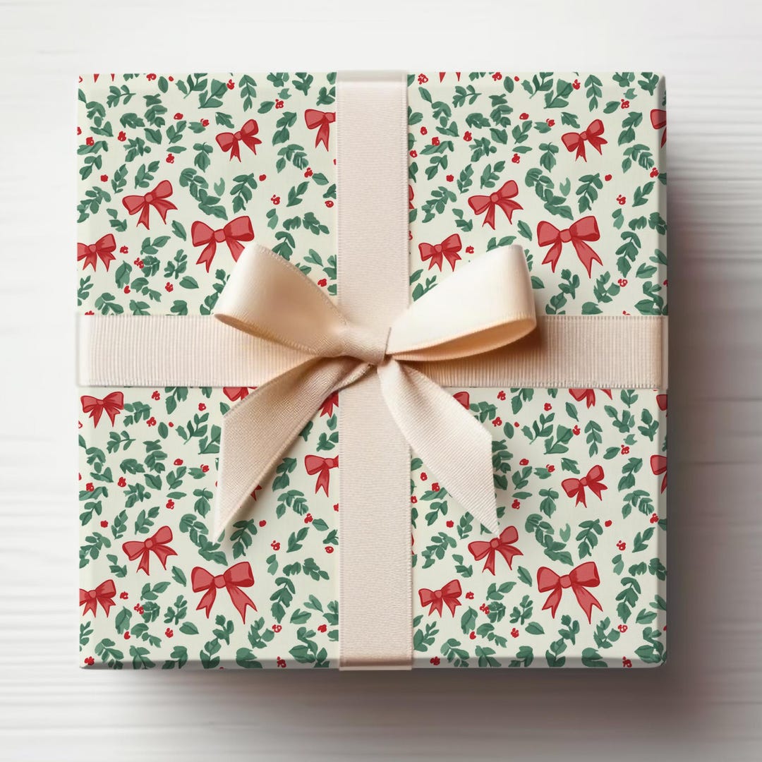 Red Bow Wrapping Paper Roll Cute Red Bow Gift Wrapping Roll, Red and ...