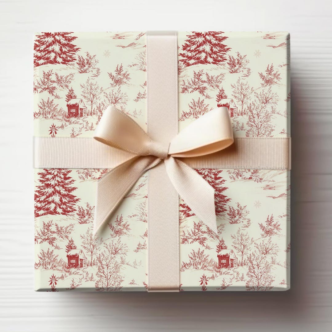 Red and White Vintage Christmas Tree Toile Wrapping Paper Roll Vintage ...
