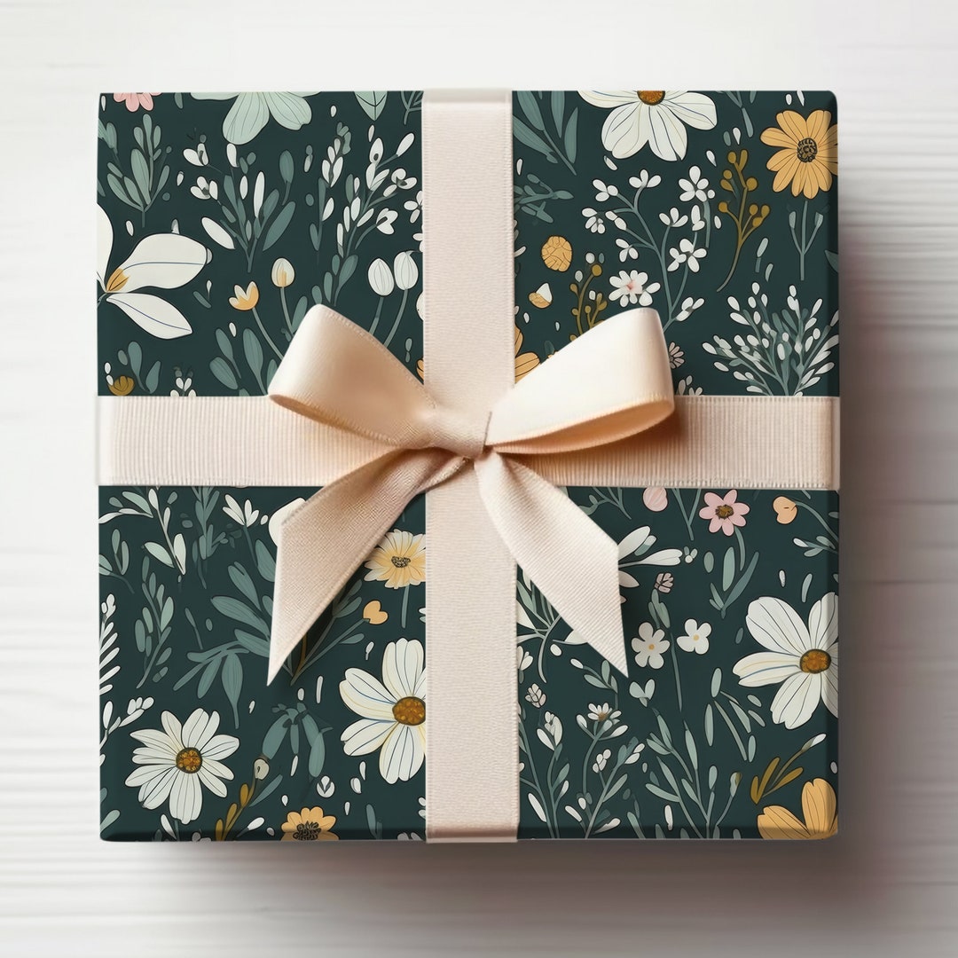 Girly Gift Wrap Roll With Dark Flowers, Daisy Wrapping Paper Roll ...