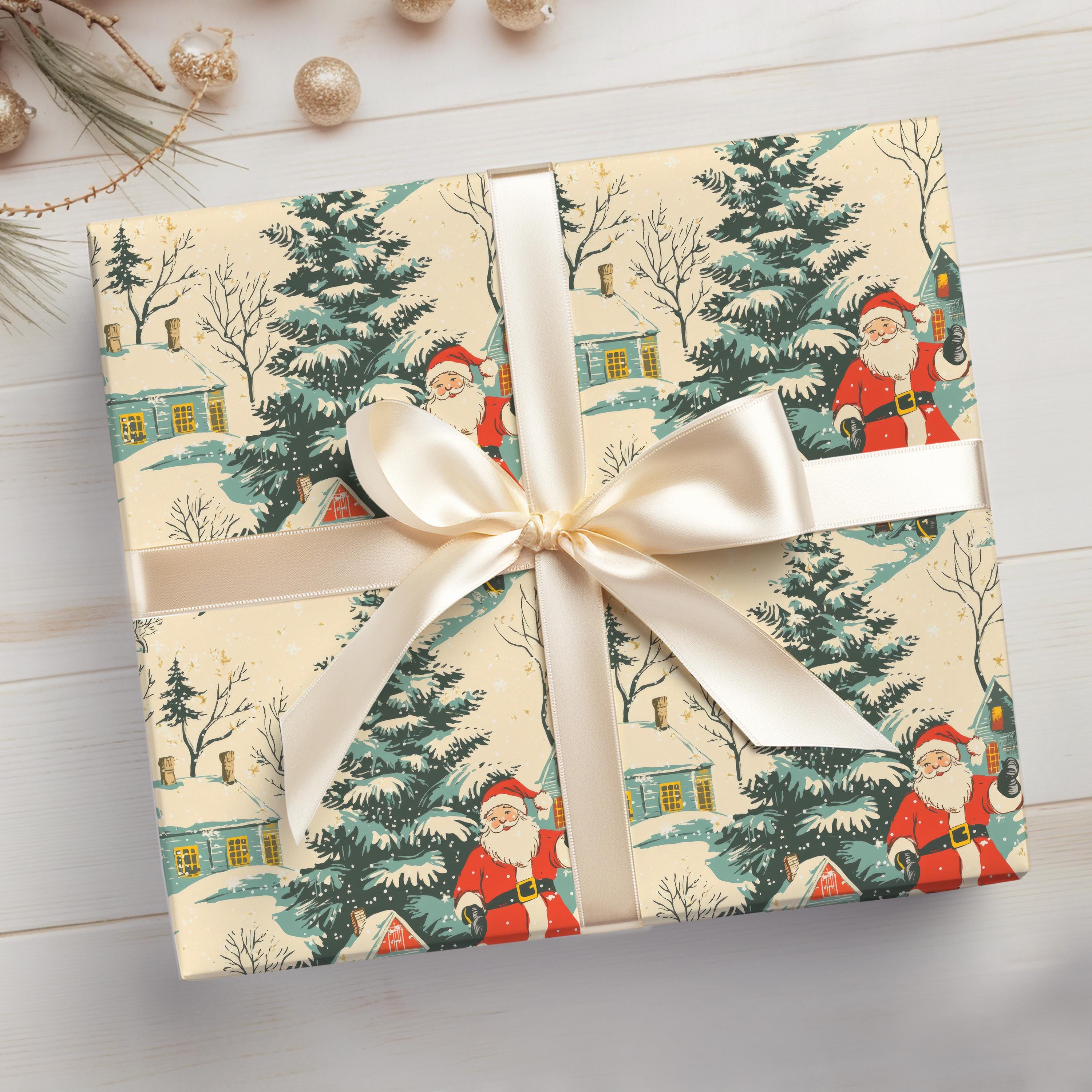 Vintage Christmas Wrapping Paper Roll Retro Santa Gift Wrapping Roll ...