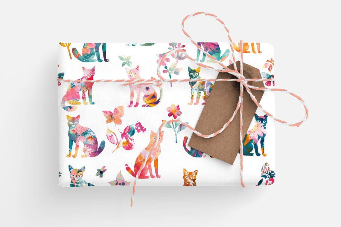 Neon Cats Gift Wrap Roll, Cats Wrapping Paper, Pink Cats Wrapping Paper ...