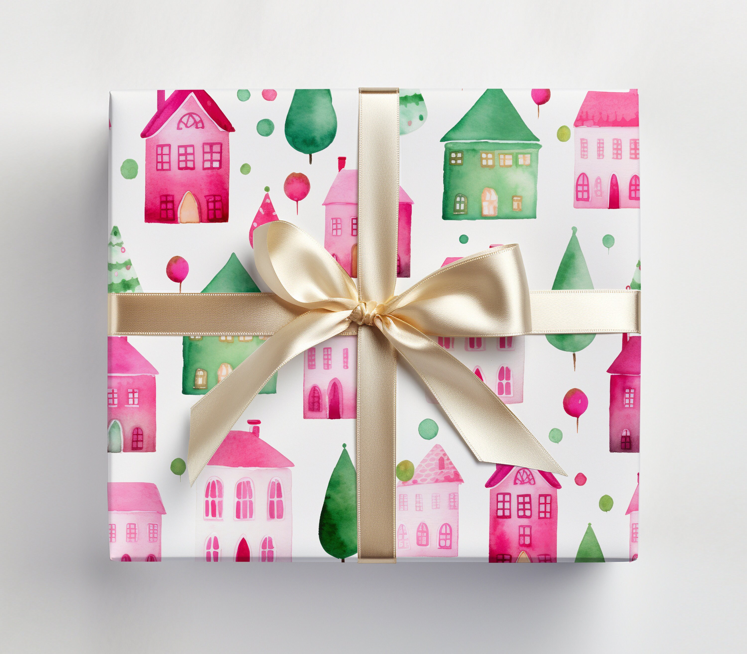 Pink Christmas House Wrapping Paper, Cute Pink Winter Village Wrapping ...