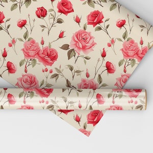 Red Roses Wrapping Paper Roll Red Rose Gift Wrap Roll, English Roses ...